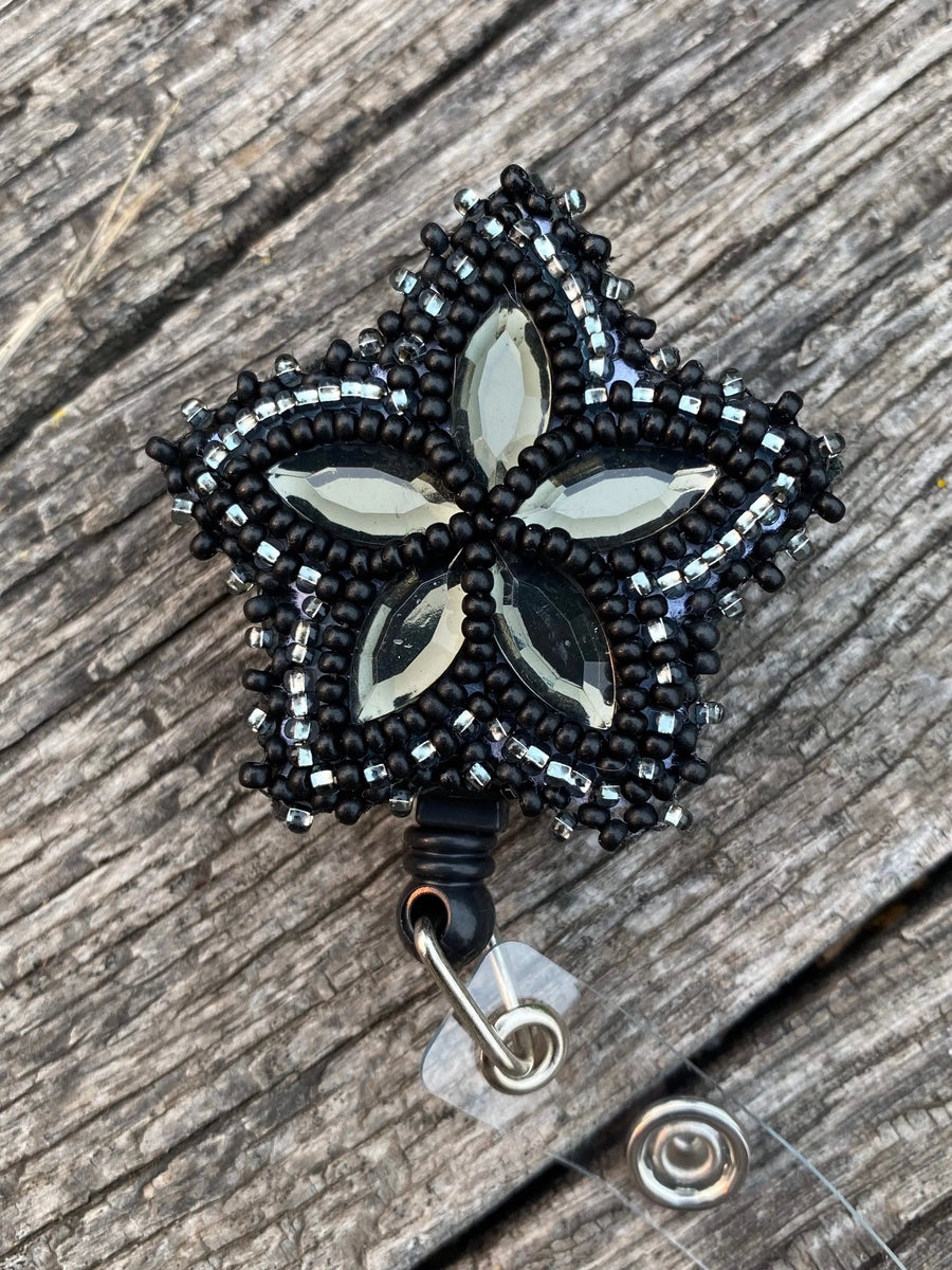 Beaded black badge reel, Native American beaded badge holder ...