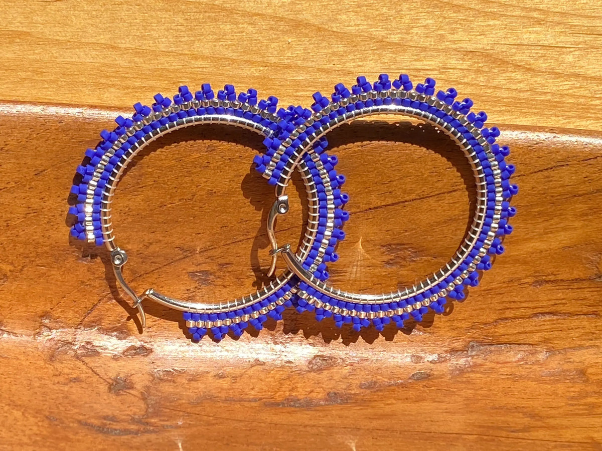 2" inch Royal blue & silver beaded hoops - Sweetgrass Crafts
