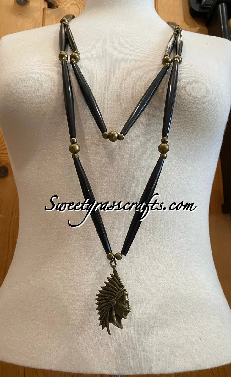 Native American long 23” necklace with Brass Chief in headdress ...