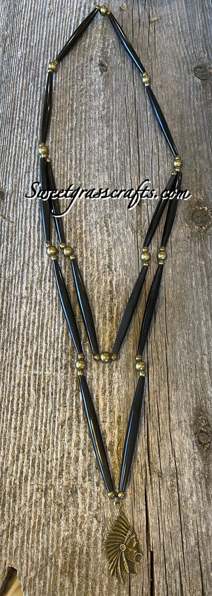 Native American long 23” necklace with Brass Chief in headdress ...