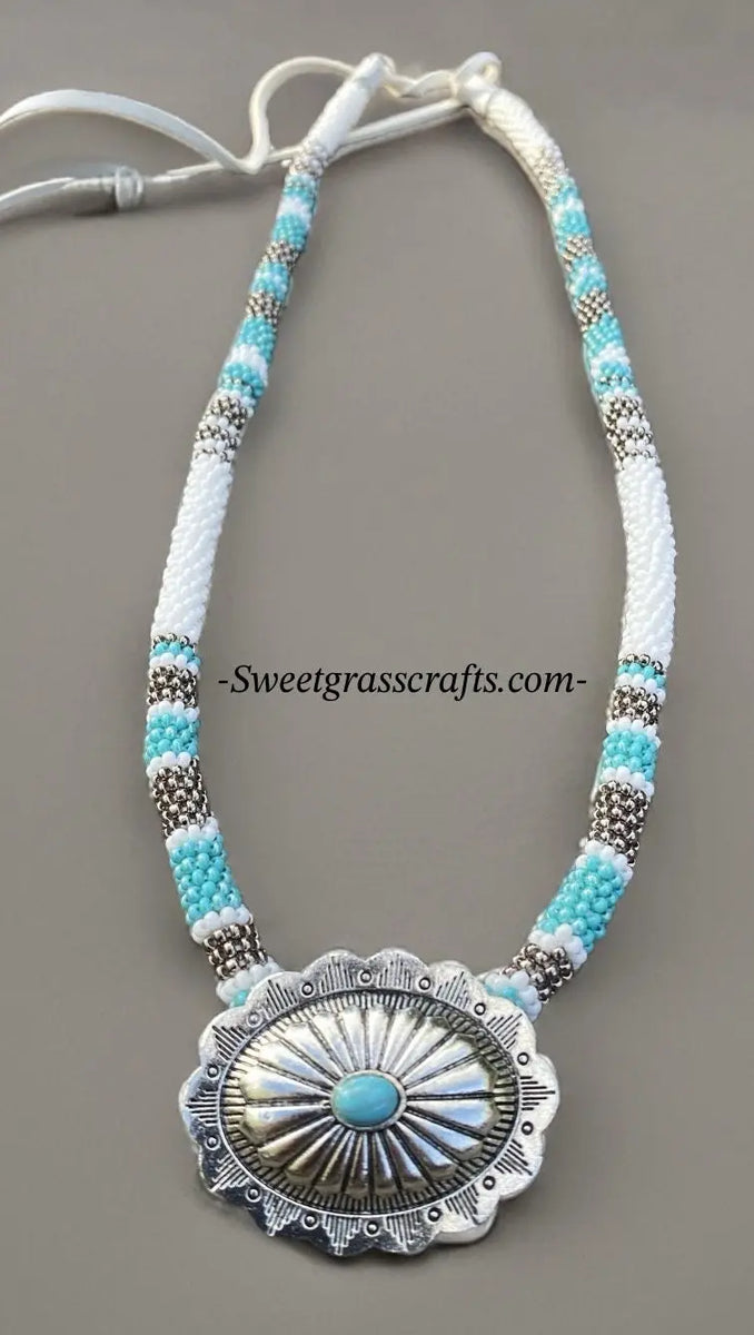 First Nations beaded round hatband with concho center, beaded round ...