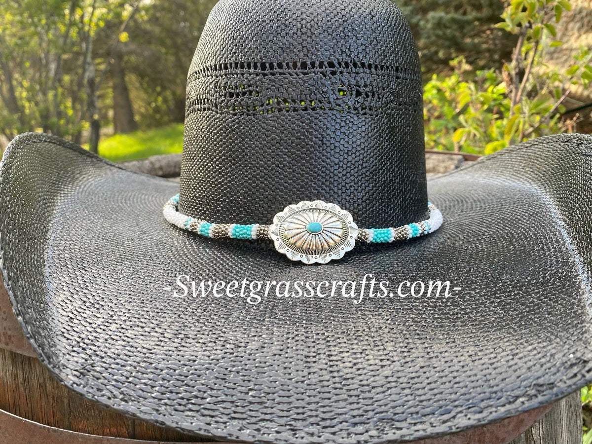 First Nations beaded round hatband with concho center, beaded round ...
