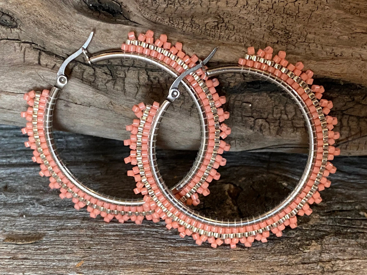 2" inch coral/salmon & silver beaded hoop earrings - Sweetgrass Crafts